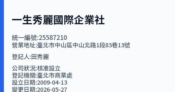 一生秀麗國際企業社的照片-統編 25587210(臺北市) 公司登記資料與營業項目詳細圖表