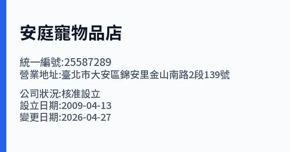 安庭寵物品店的照片-統編 25587289(臺北市) 公司登記資料與營業項目詳細圖表