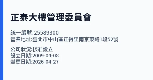 正泰大樓管理委員會的照片-統編 25589300(臺北市) 公司登記資料與營業項目詳細圖表