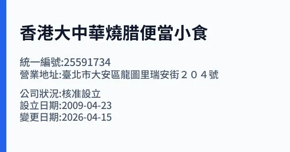 香港大中華燒腊便當小食的照片-統編 25591734(臺北市) 公司登記資料與營業項目詳細圖表