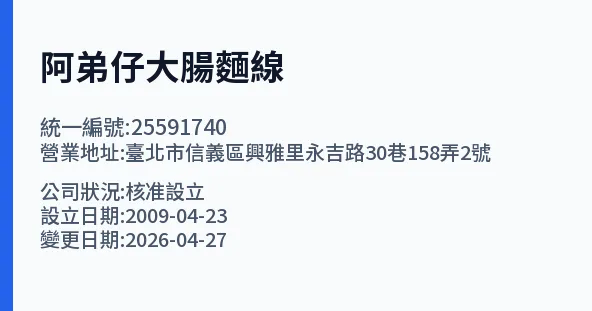 阿弟仔大腸麵線的照片-統編 25591740(臺北市) 公司登記資料與營業項目詳細圖表