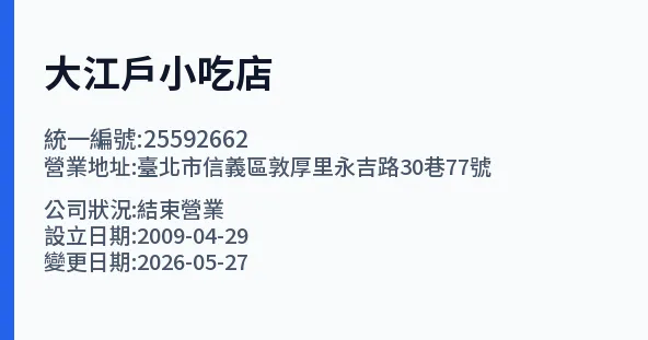 大江戶小吃店的照片-統編 25592662(臺北市) 公司登記資料與營業項目詳細圖表