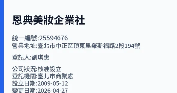 恩典美妝企業社的照片-統編 25594676(臺北市) 公司登記資料與營業項目詳細圖表