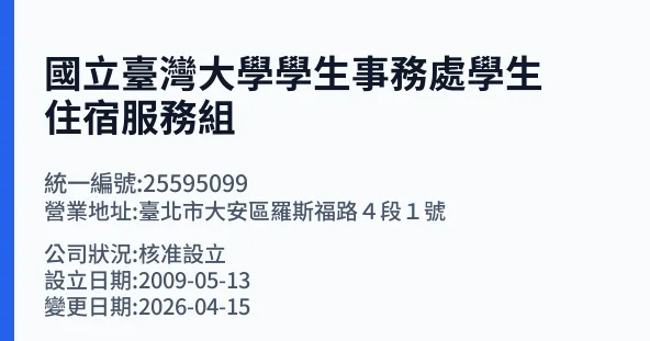 國立臺灣大學學生事務處學生住宿服務組的照片-統編 25595099(臺北市) 公司登記資料與營業項目詳細圖表