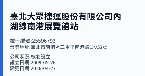 臺北大眾捷運股份有限公司內湖線南港展覽館站的照片-統編 25596793(臺北市) 公司登記資料與營業項目詳細圖表
