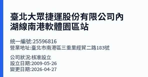 臺北大眾捷運股份有限公司內湖線南港軟體園區站的照片-統編 25596816(臺北市) 公司登記資料與營業項目詳細圖表