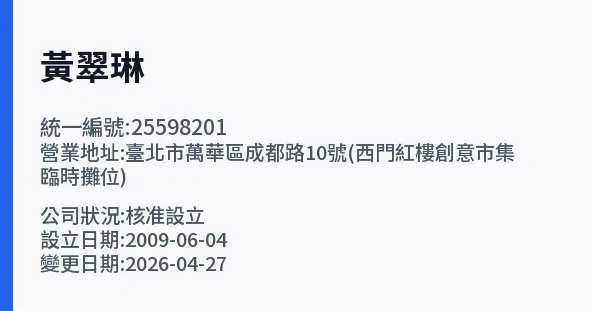 黃翠琳的照片-統編 25598201(臺北市) 公司登記資料與營業項目詳細圖表