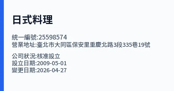 日式料理的照片-統編 25598574(臺北市) 公司登記資料與營業項目詳細圖表