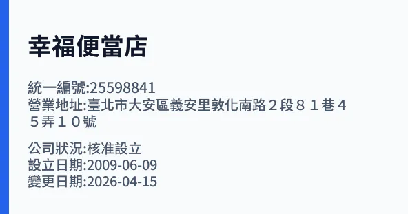 幸福便當店的照片-統編 25598841(臺北市) 公司登記資料與營業項目詳細圖表