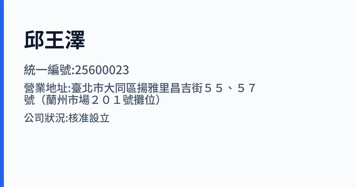 邱王澤 - 統編 25600023(臺北市) 公司登記資料與營業項目詳細圖表