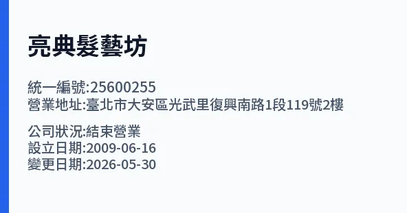 亮典髮藝坊的照片-統編 25600255(臺北市) 公司登記資料與營業項目詳細圖表