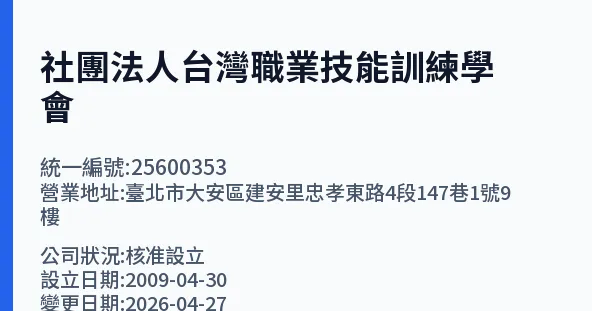 社團法人台灣職業技能訓練學會的照片-統編 25600353(臺北市) 公司登記資料與營業項目詳細圖表