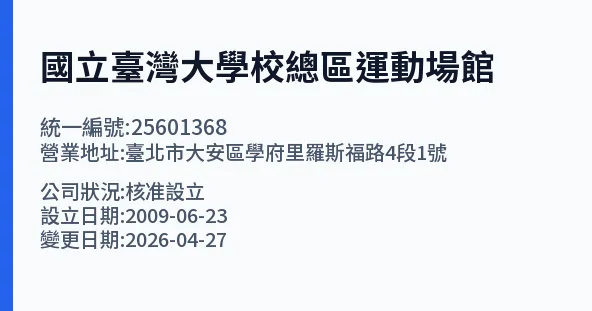 國立臺灣大學校總區運動場館的照片-統編 25601368(臺北市) 公司登記資料與營業項目詳細圖表