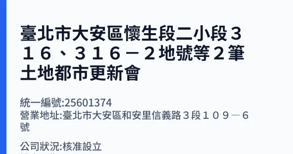 臺北市大安區懷生段二小段３１６、３１６－２地號等２筆土地都市更新會的照片-統編 25601374(臺北市) 公司登記資料與營業項目詳細圖表