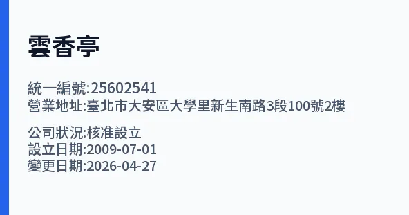 雲香亭的照片-統編 25602541(臺北市) 公司登記資料與營業項目詳細圖表