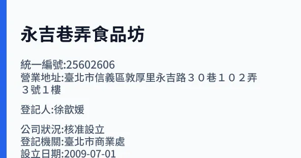 永吉巷弄食品坊的照片-統編 25602606(臺北市) 公司登記資料與營業項目詳細圖表
