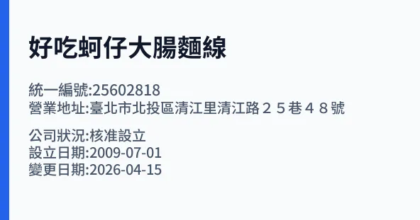 好吃蚵仔大腸麵線的照片-統編 25602818(臺北市) 公司登記資料與營業項目詳細圖表