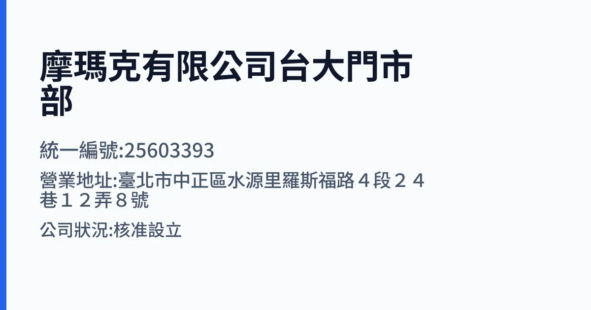摩瑪克有限公司台大門市部 - 統編 25603393(臺北市) 公司登記資料與營業項目詳細圖表