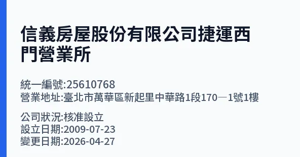 信義房屋股份有限公司捷運西門營業所的照片-統編 25610768(臺北市) 公司登記資料與營業項目詳細圖表