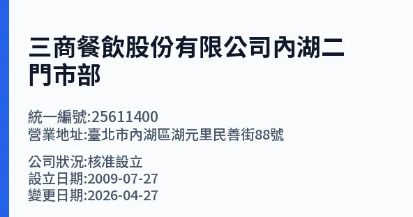 三商餐飲股份有限公司內湖二門市部的照片-統編 25611400(臺北市) 公司登記資料與營業項目詳細圖表