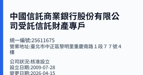 中國信託商業銀行股份有限公司受託信託財產專戶的照片-統編 25611675(臺北市) 公司登記資料與營業項目詳細圖表