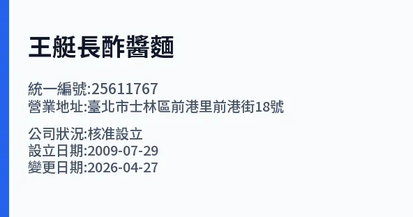 王艇長酢醬麵的照片-統編 25611767(臺北市) 公司登記資料與營業項目詳細圖表