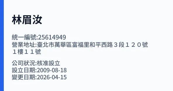 林眉汝的照片-統編 25614949(臺北市) 公司登記資料與營業項目詳細圖表