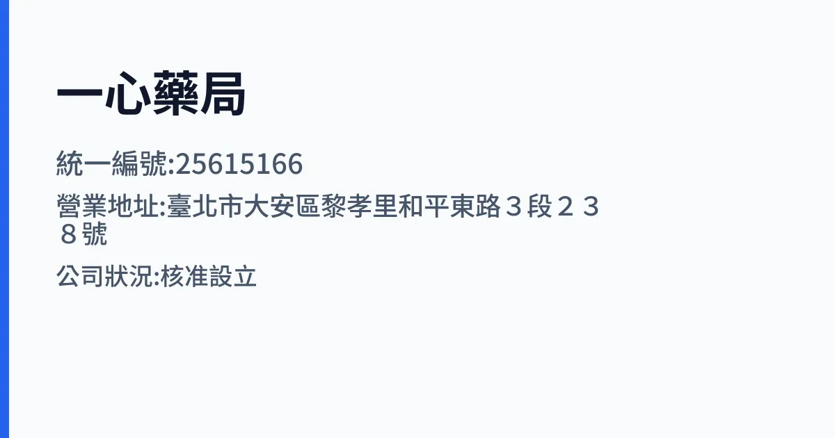 一心藥局 - 統編 25615166(臺北市) 公司登記資料與營業項目詳細圖表