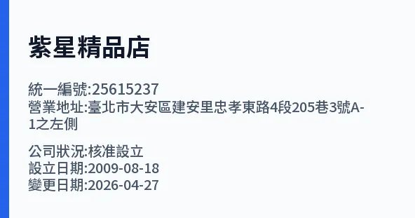 紫星精品店的照片-統編 25615237(臺北市) 公司登記資料與營業項目詳細圖表