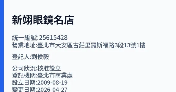 新翊眼鏡名店的照片-統編 25615428(臺北市) 公司登記資料與營業項目詳細圖表