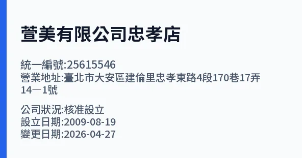 萱美有限公司忠孝店的照片-統編 25615546(臺北市) 公司登記資料與營業項目詳細圖表