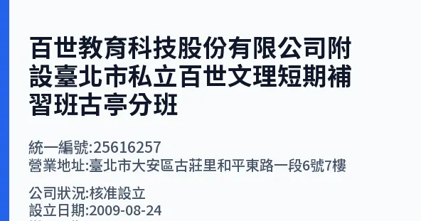 百世教育科技股份有限公司附設臺北市私立百世文理短期補習班古亭分班的照片-統編 25616257(臺北市) 公司登記資料與營業項目詳細圖表