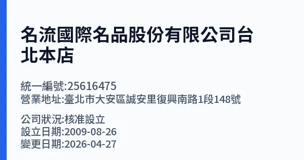 名流國際名品股份有限公司台北本店的照片-統編 25616475(臺北市) 公司登記資料與營業項目詳細圖表