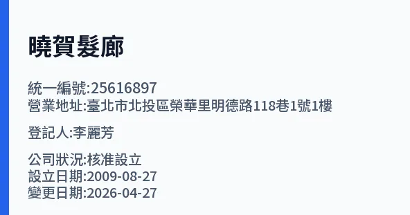 曉賀髮廊的照片-統編 25616897(臺北市) 公司登記資料與營業項目詳細圖表