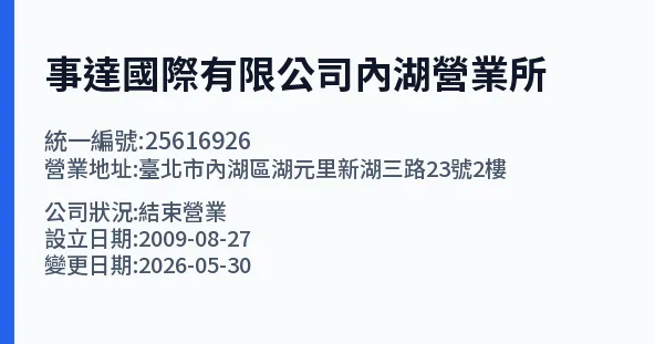 事達國際有限公司內湖營業所的照片-統編 25616926(臺北市) 公司登記資料與營業項目詳細圖表