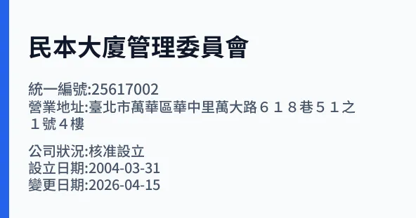 民本大廈管理委員會的照片-統編 25617002(臺北市) 公司登記資料與營業項目詳細圖表