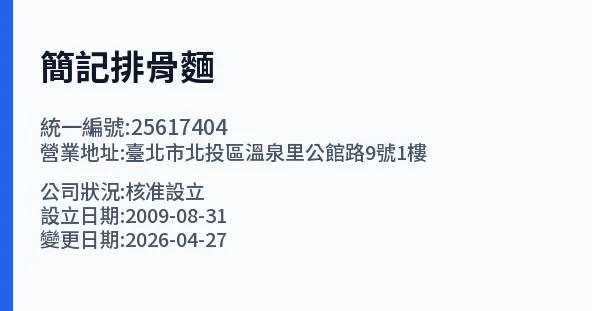 簡記排骨麵的照片-統編 25617404(臺北市) 公司登記資料與營業項目詳細圖表