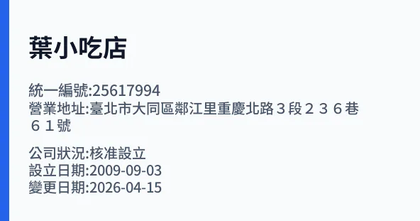 葉小吃店的照片-統編 25617994(臺北市) 公司登記資料與營業項目詳細圖表