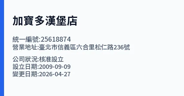 加寶多漢堡店的照片-統編 25618874(臺北市) 公司登記資料與營業項目詳細圖表