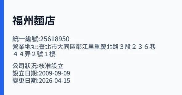 福州麵店的照片-統編 25618950(臺北市) 公司登記資料與營業項目詳細圖表