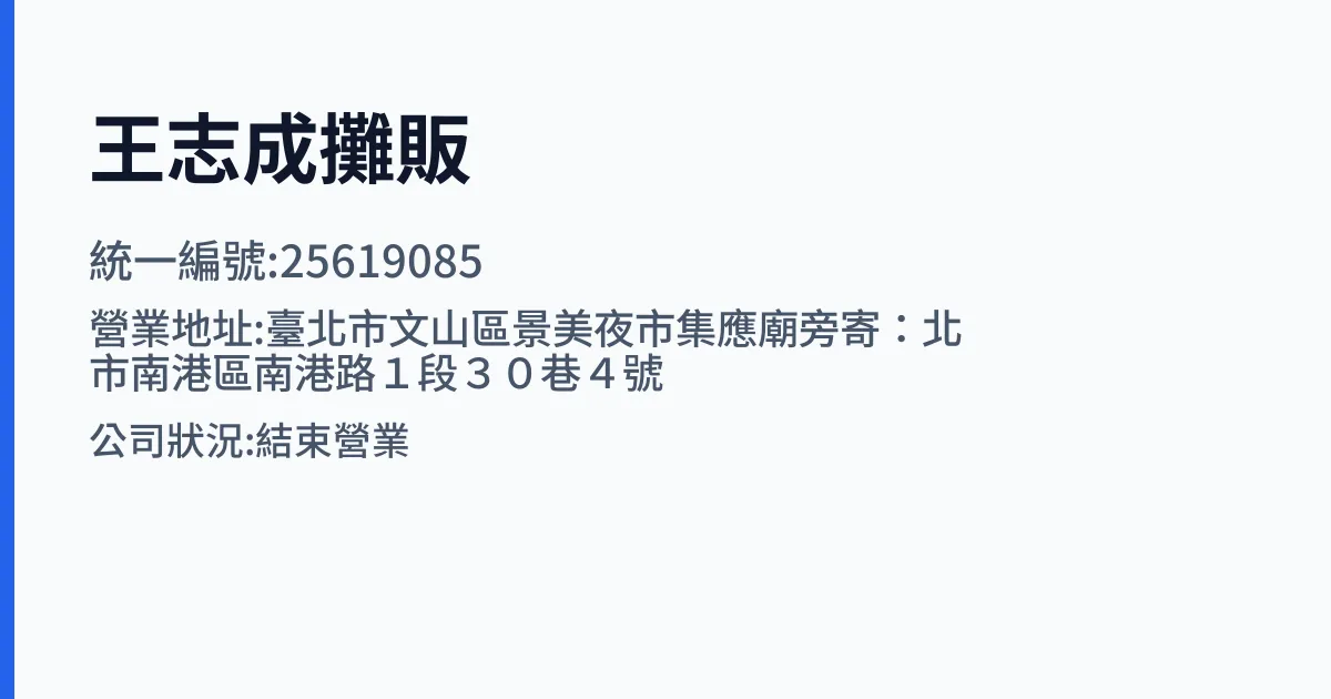 王志成攤販 - 統編 25619085(臺北市) 公司登記資料與營業項目詳細圖表
