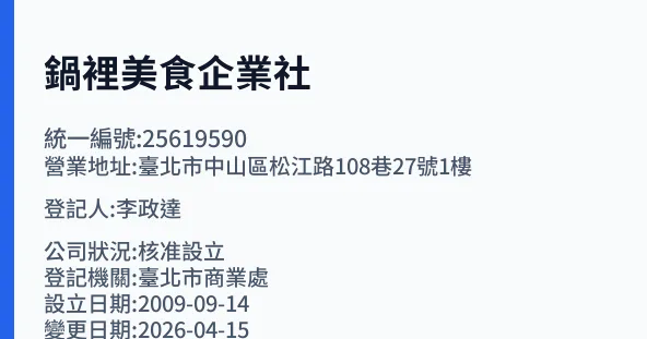 鍋裡美食企業社的照片-統編 25619590(臺北市) 公司登記資料與營業項目詳細圖表