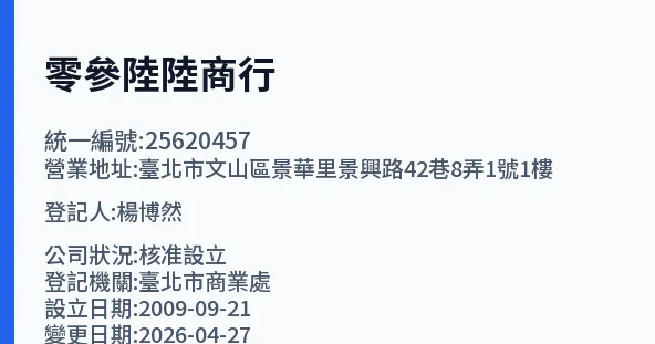 零參陸陸商行的照片-統編 25620457(臺北市) 公司登記資料與營業項目詳細圖表
