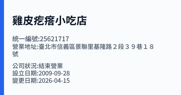 雞皮疙瘩小吃店的照片-統編 25621717(臺北市) 公司登記資料與營業項目詳細圖表