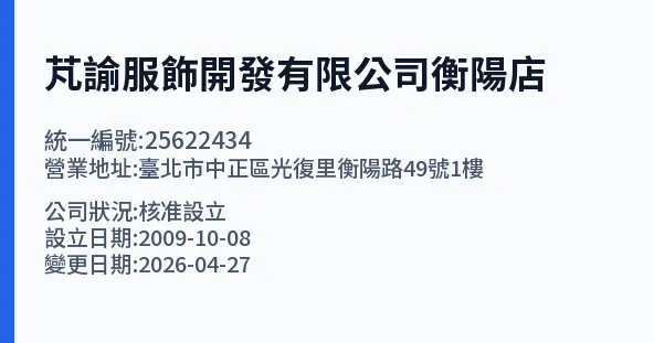 芃諭服飾開發有限公司衡陽店的照片-統編 25622434(臺北市) 公司登記資料與營業項目詳細圖表