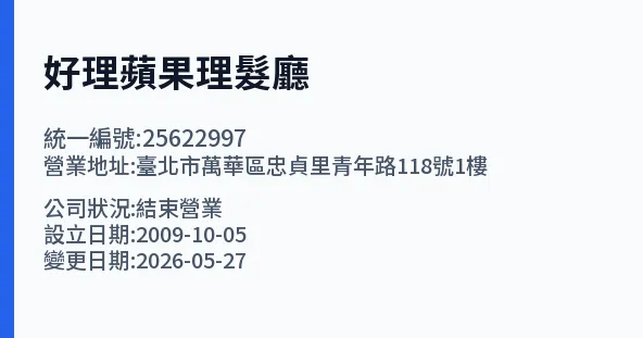 好理蘋果理髮廳的照片-統編 25622997(臺北市) 公司登記資料與營業項目詳細圖表