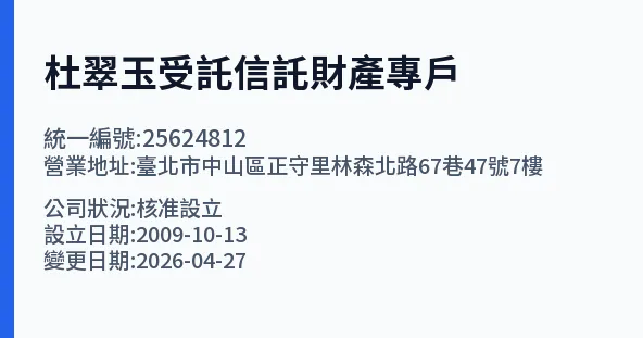 杜翠玉受託信託財產專戶的照片-統編 25624812(臺北市) 公司登記資料與營業項目詳細圖表