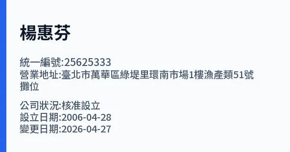 楊惠芬的照片-統編 25625333(臺北市) 公司登記資料與營業項目詳細圖表