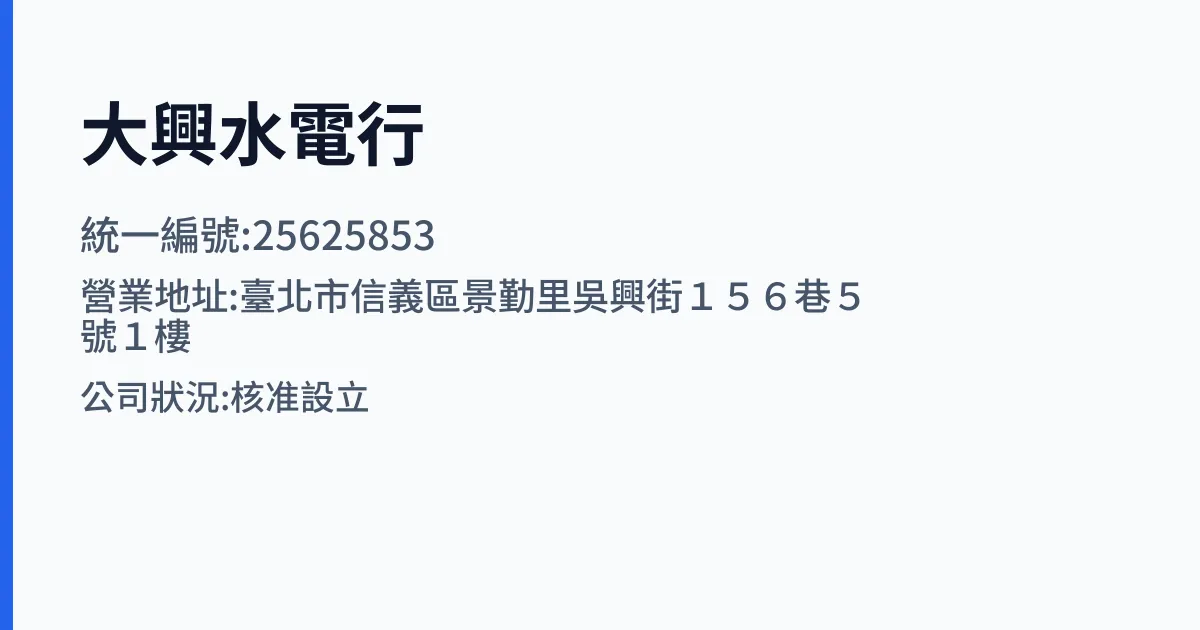 大興水電行 - 統編 25625853(臺北市) 公司登記資料與營業項目詳細圖表