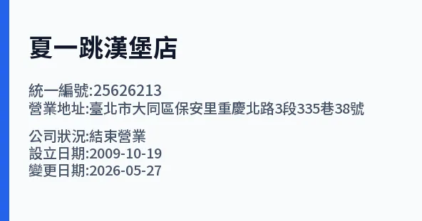 夏一跳漢堡店的照片-統編 25626213(臺北市) 公司登記資料與營業項目詳細圖表